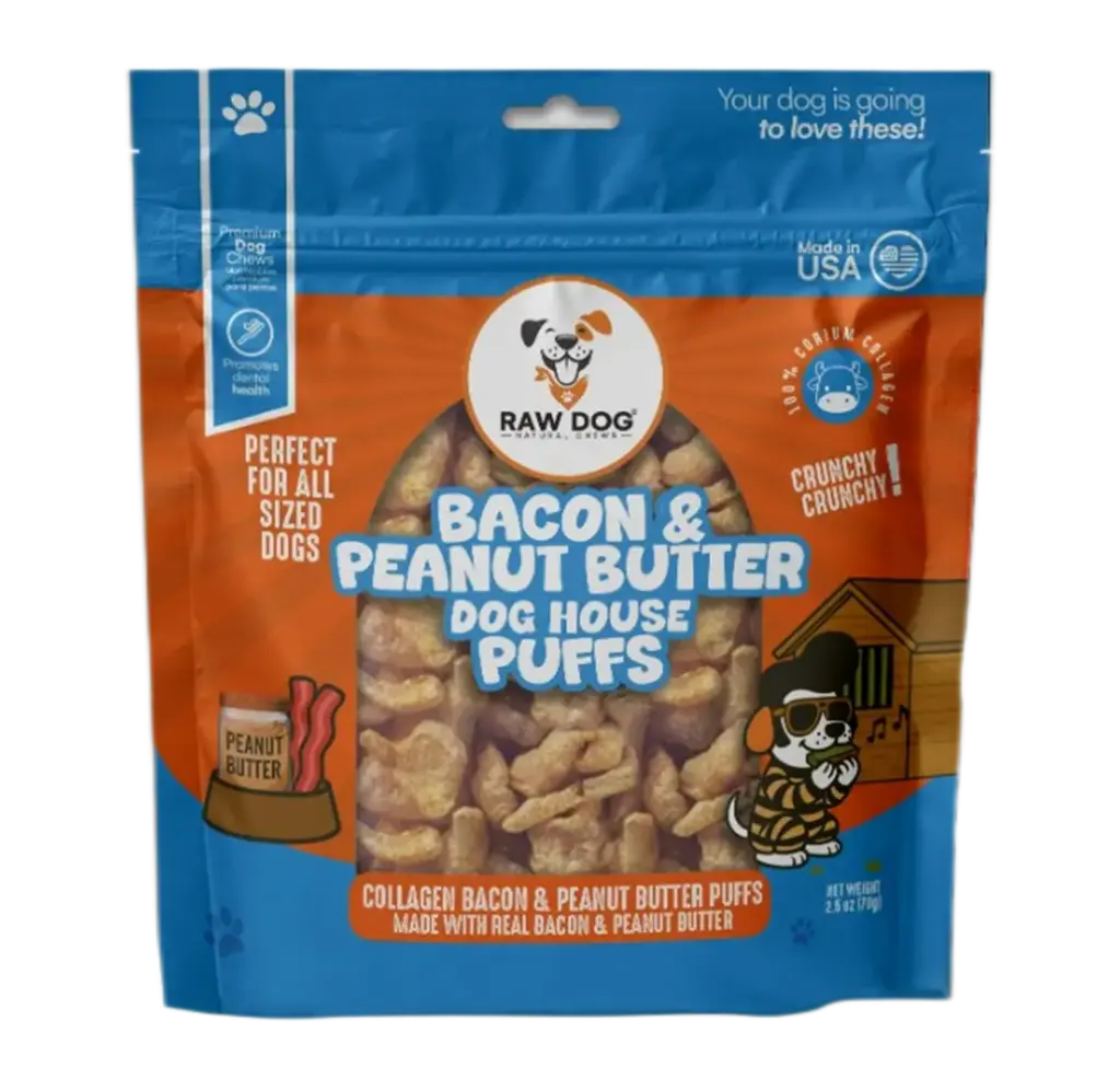 Crispy Collagen Bacon & Peanut Butter Puffs (2.5oz bag) | Raw Dog Chews